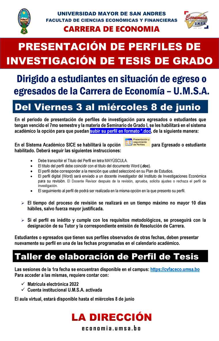 PRESENTACION DE PERFILES DE TESIS (2da fecha 2022) - CARRERA ECONOMÍA ...